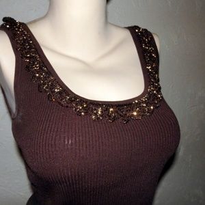 Cache | Tops | Cache Dark Brown Sleeveless Beaded Knit Sweater | Poshmark